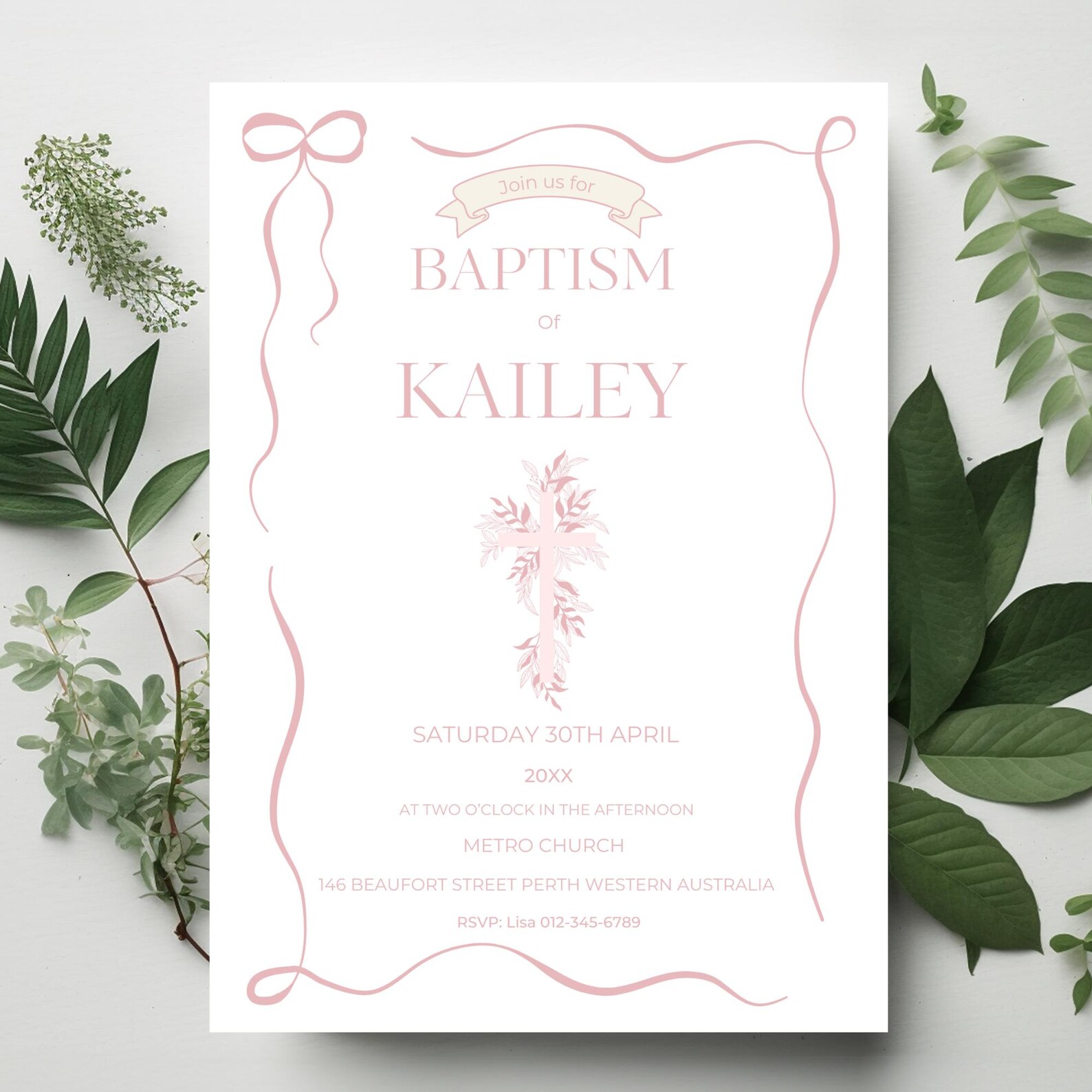 Pink Ribbon Boarder Baptism Invite, Pink Cross Christening Invite ...