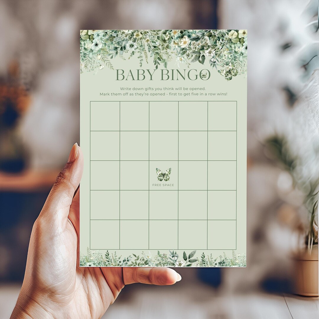 Sage Green Floral Baby Bingo Baby Shower Game, Bingo Fun Party Game ...