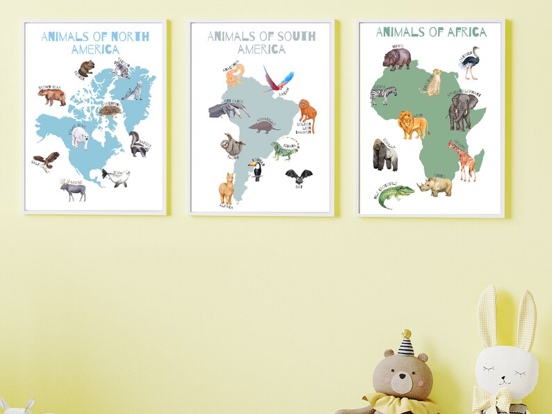 World Map Continent Animals Children Educational Posters Set of 7 ...