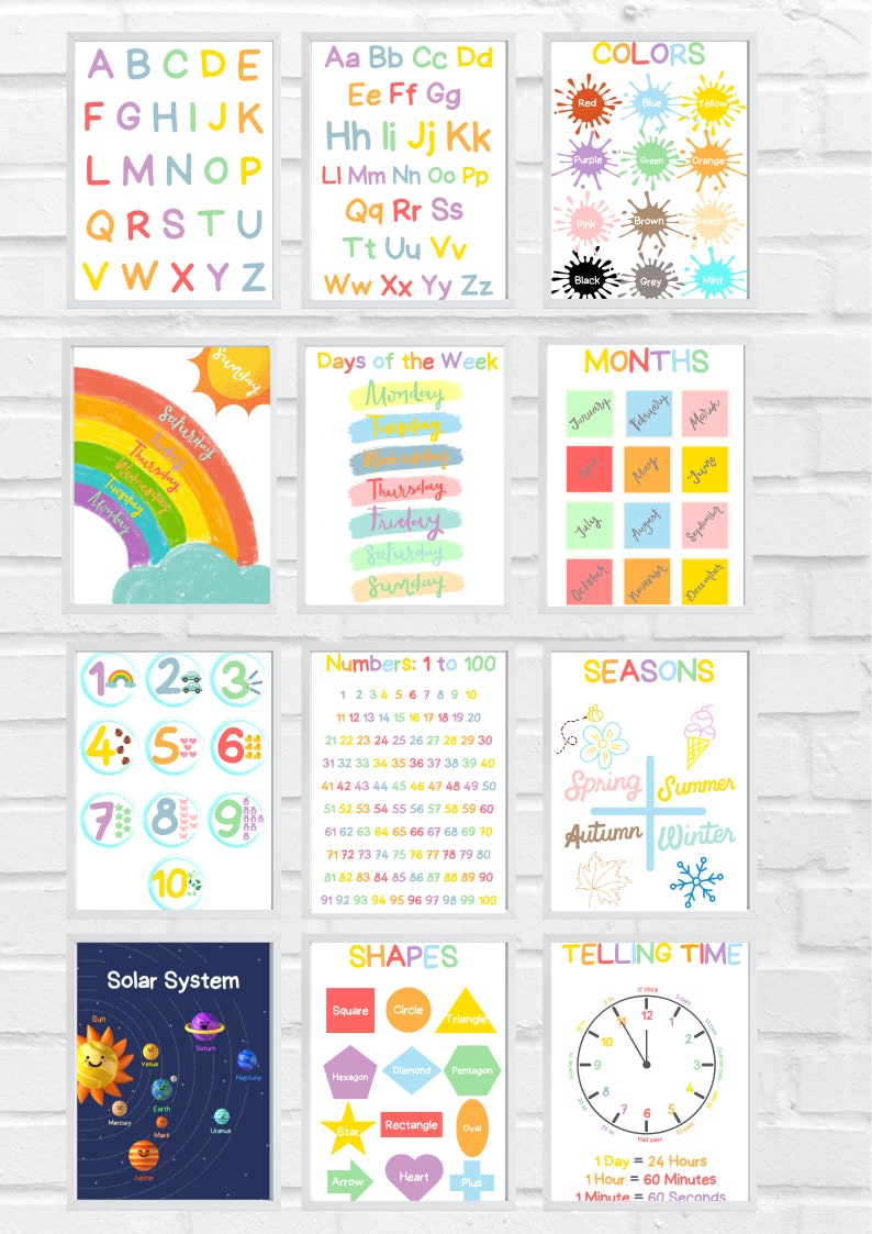 Set of 13 Educational Posters Set for Children in Bright Colours ...