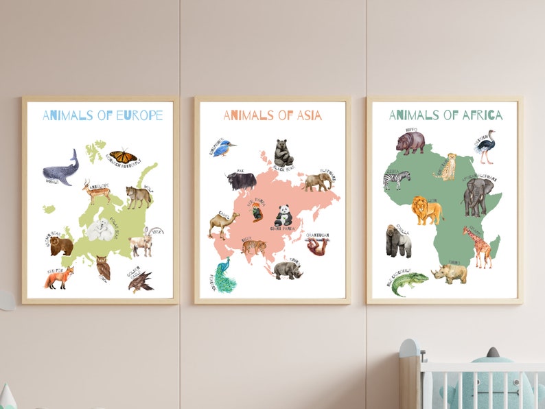 World Map Continent Animals Children Educational Posters Set of 7 ...