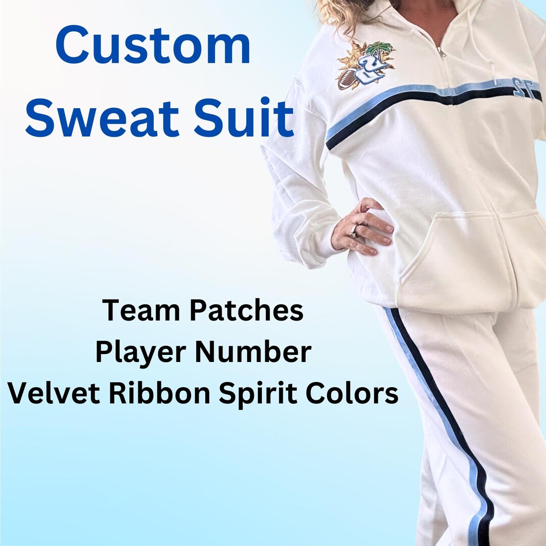Custom Sweat Suit With Velvet Ribbon Trim, Team Patches, Player Number ...
