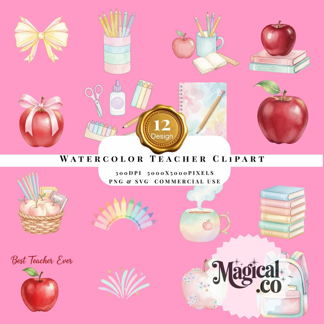 Watercolor Teacher Clipart Bundle, Apple Pencil Books Graphics (PNG ...