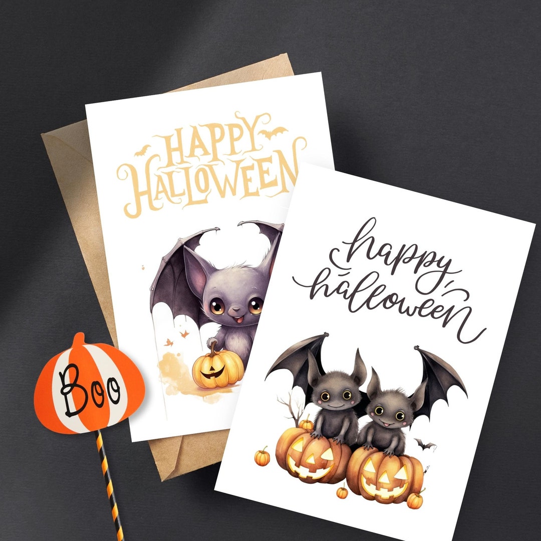 Printable Halloween Greeting Card for Kids Cute Cat and Bat - Etsy