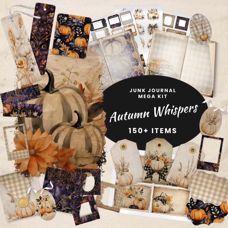 Fall Junk Journal Digital Kit, Cozy Autumn 150+ Piece Boho Pumpkin ...