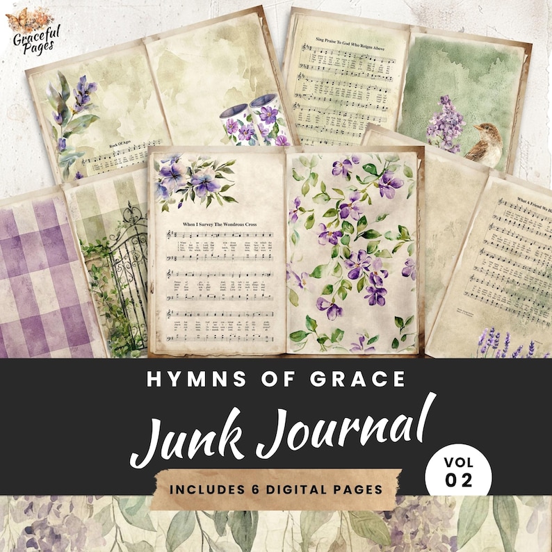 Hymns Junk Journal Kit: Sage Green Faith, Lilac Collage (digital ...
