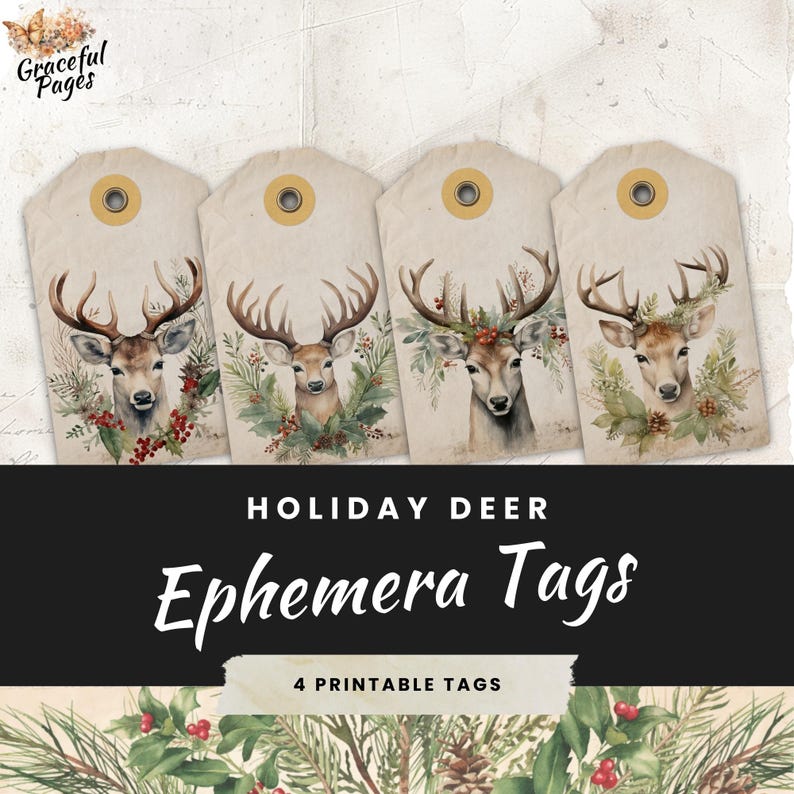 Christmas Deer Printable Tags: Vintage Holiday Ephemera (digital ...