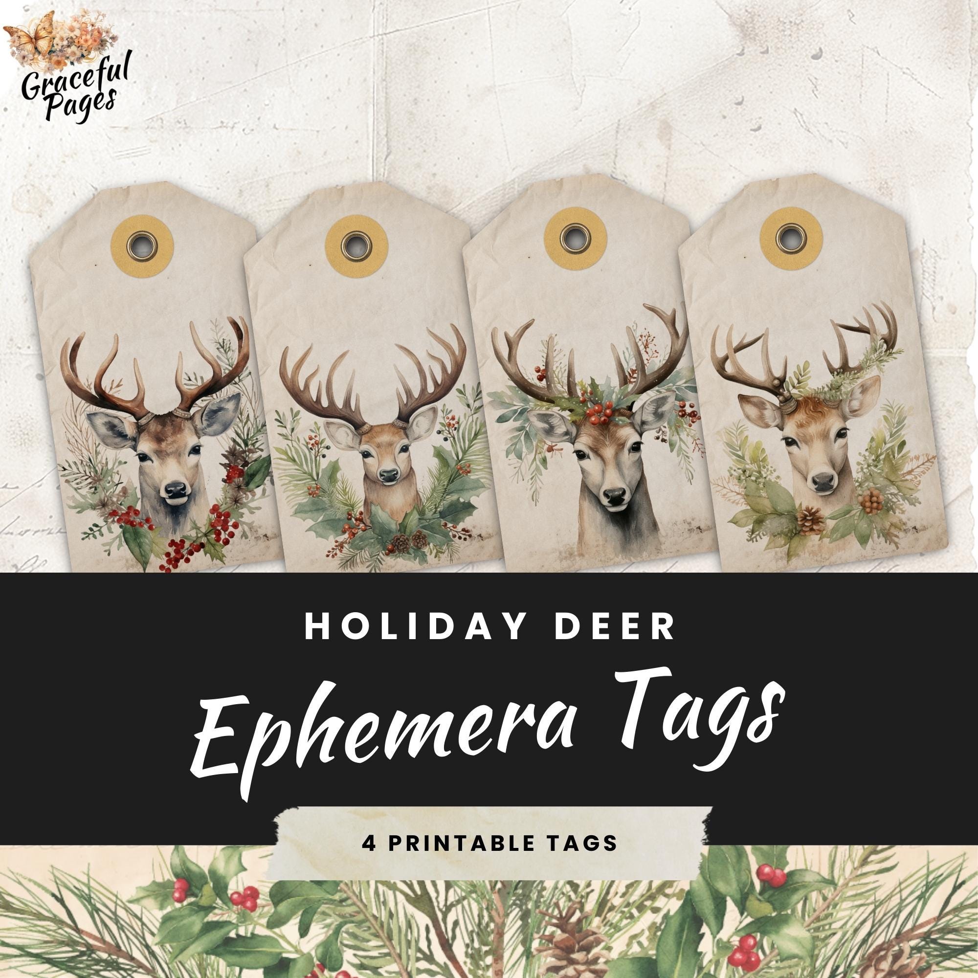 Christmas Deer Printable Tags: Vintage Holiday Ephemera (digital ...