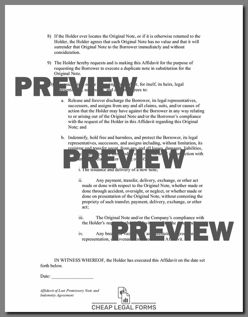 Affidavit of Lost Promissory Note and Indemnity Agreement - Etsy