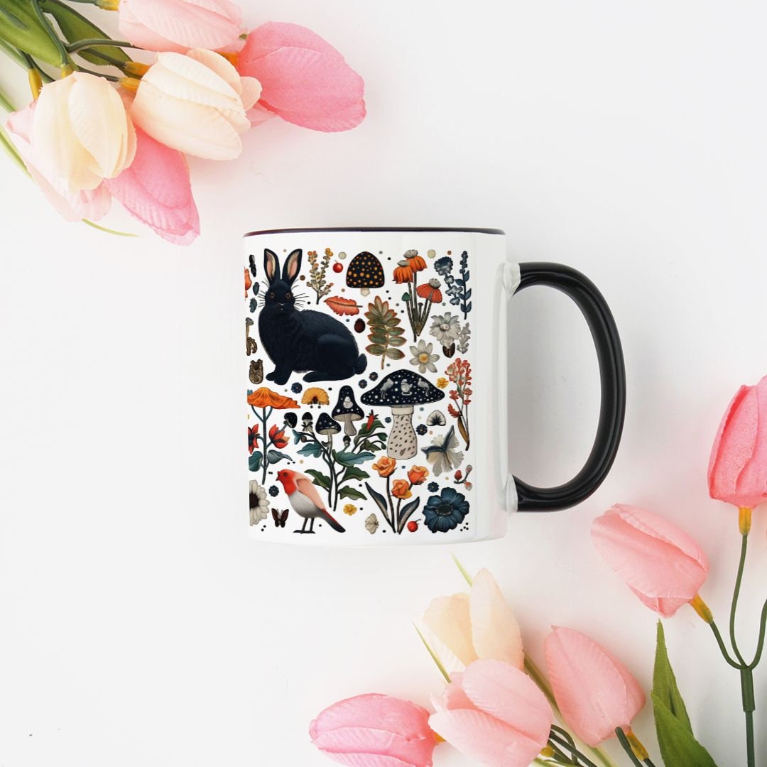 Dark Cottagecore Rabbits, Birds, Mushrooms and Wild Flowers Mug ...