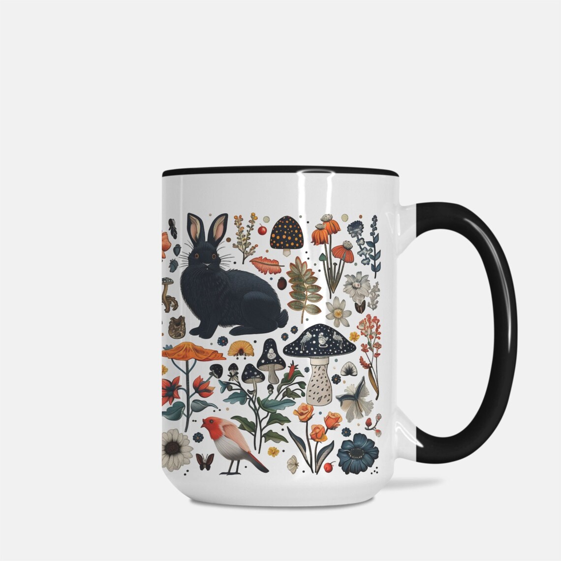 Dark Cottagecore Rabbits, Birds, Mushrooms and Wild Flowers Mug ...
