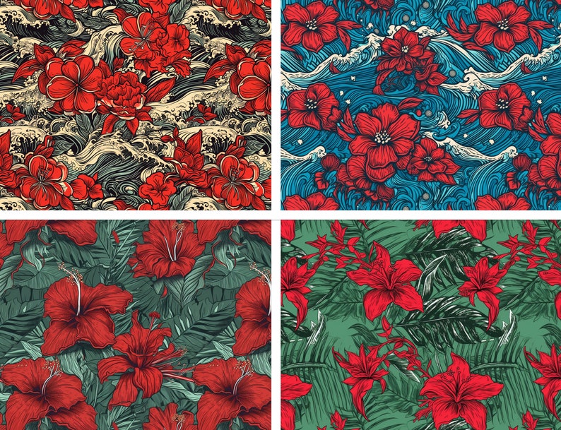 16 Seamless Hawaiian Flower Patterns, Tropical Floral Pattern Bundle ...