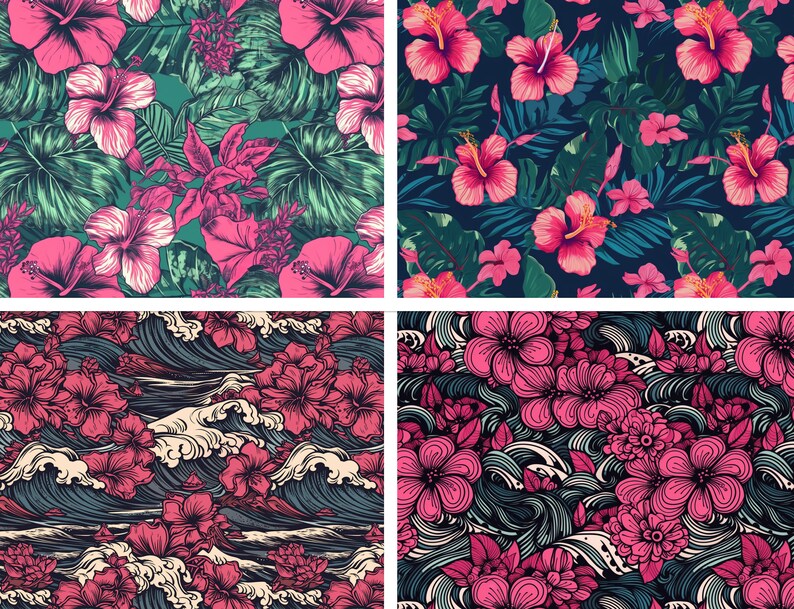 16 Seamless Hawaiian Flower Patterns, Tropical Floral Pattern Bundle ...