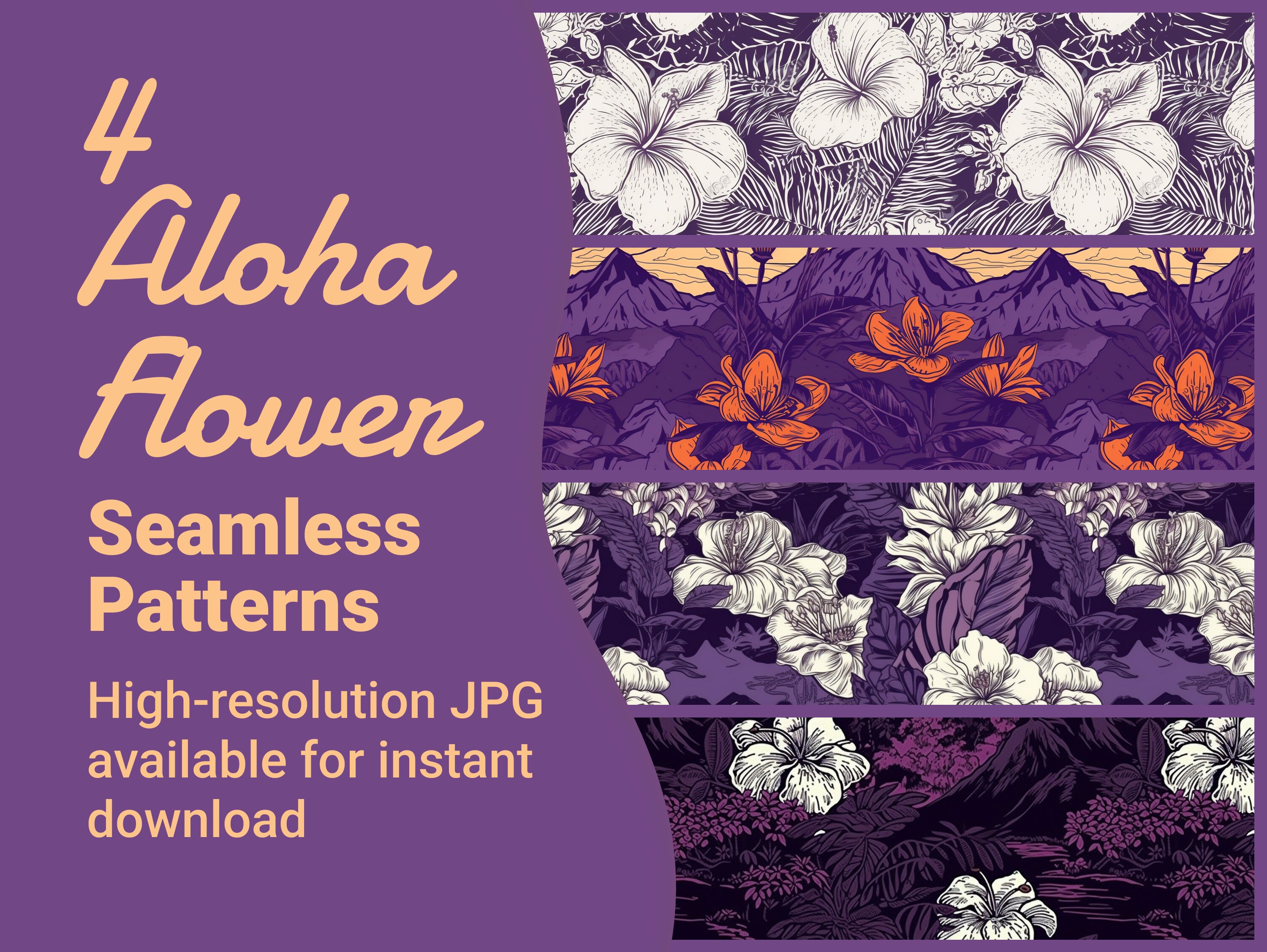 4 Seamless Hawaii Flower Pattern Bundle, Purple Tropical Flower ...