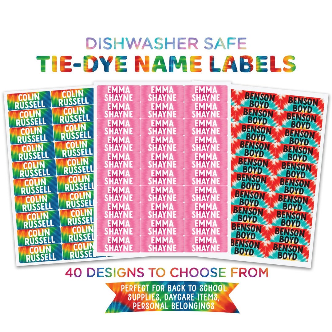 Tie Dye Name Labels for Camp & School | Waterproof Dishwasher Safe Kids ...