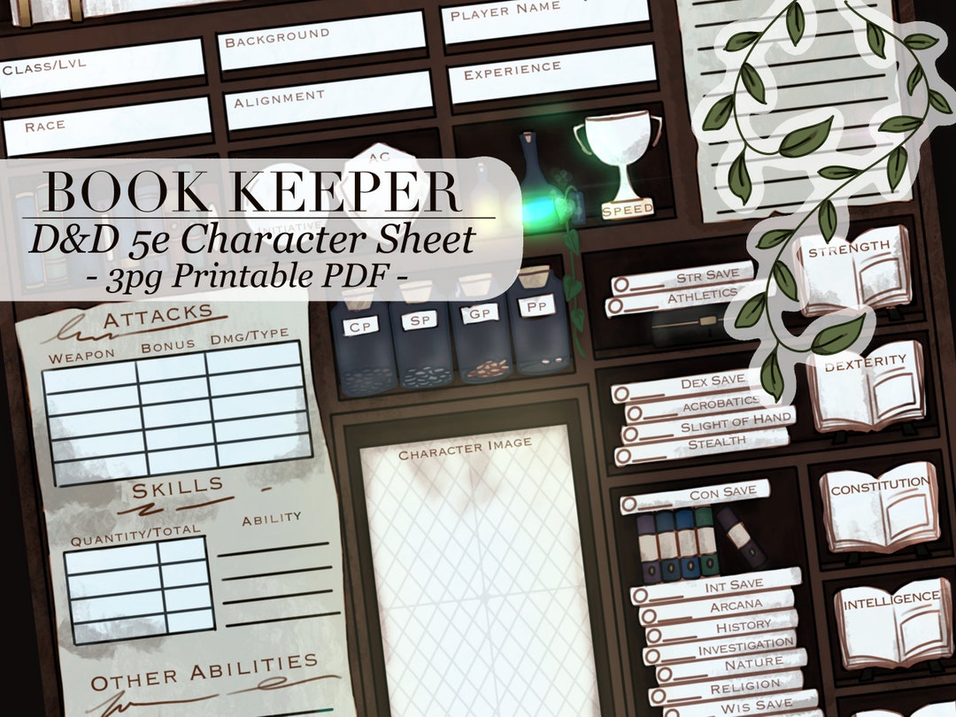 Book Keeper Dnd 5e Character Sheet 3pg PDF Dark Academia, Wizard ...