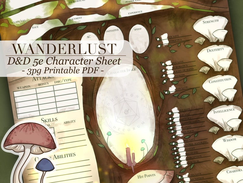 Wanderlust Dnd 5e Character Sheet 3pg PDF Cottagecore, Mushrooms, Druid ...