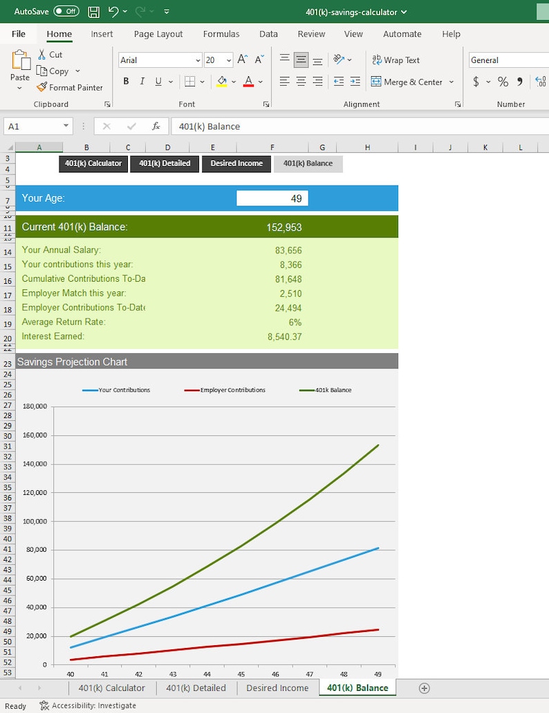 Excel Template 401k Saving Calculator - Etsy