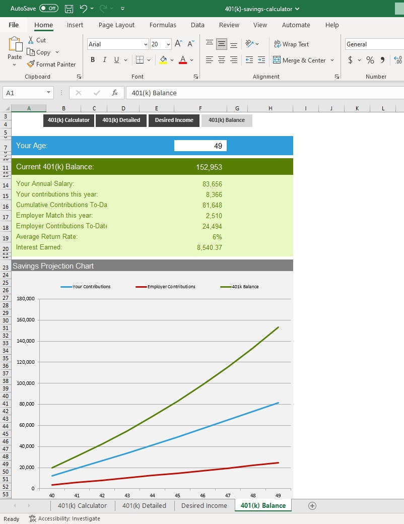 Excel Template 401k Saving Calculator Etsy