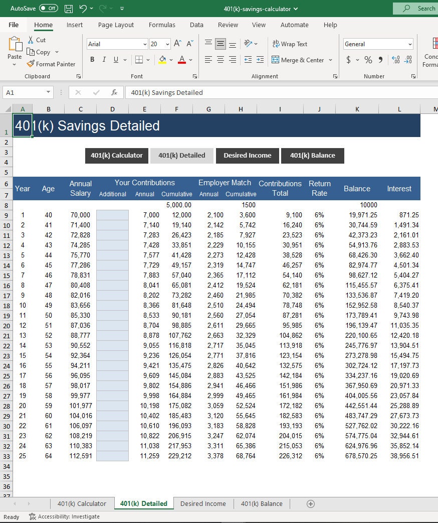 Excel Template 401k Saving Calculator - Etsy