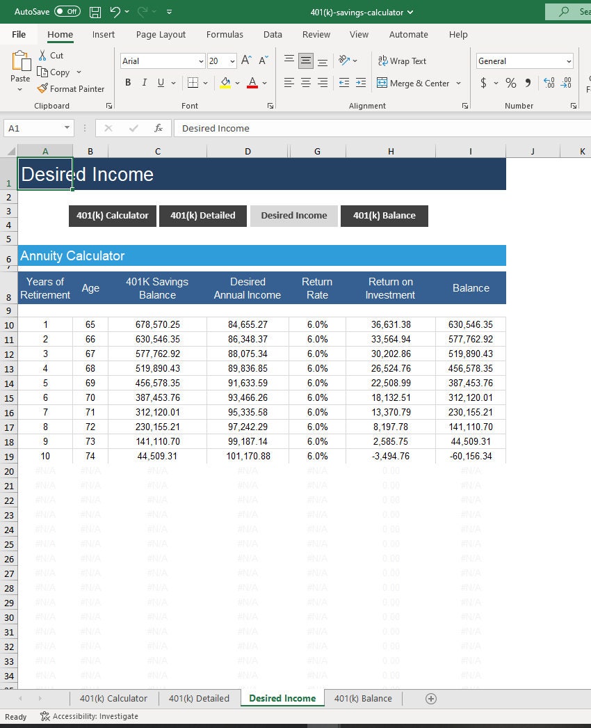 Excel Template 401k Saving Calculator Etsy