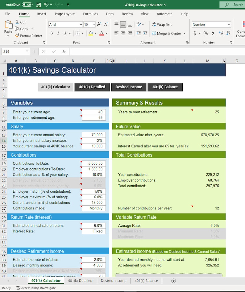 Excel Template 401k Saving Calculator - Etsy