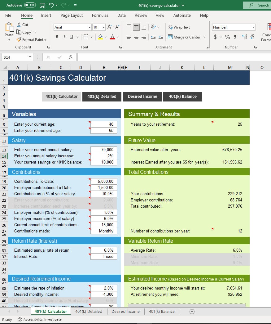 Excel Template 401k Saving Calculator - Etsy