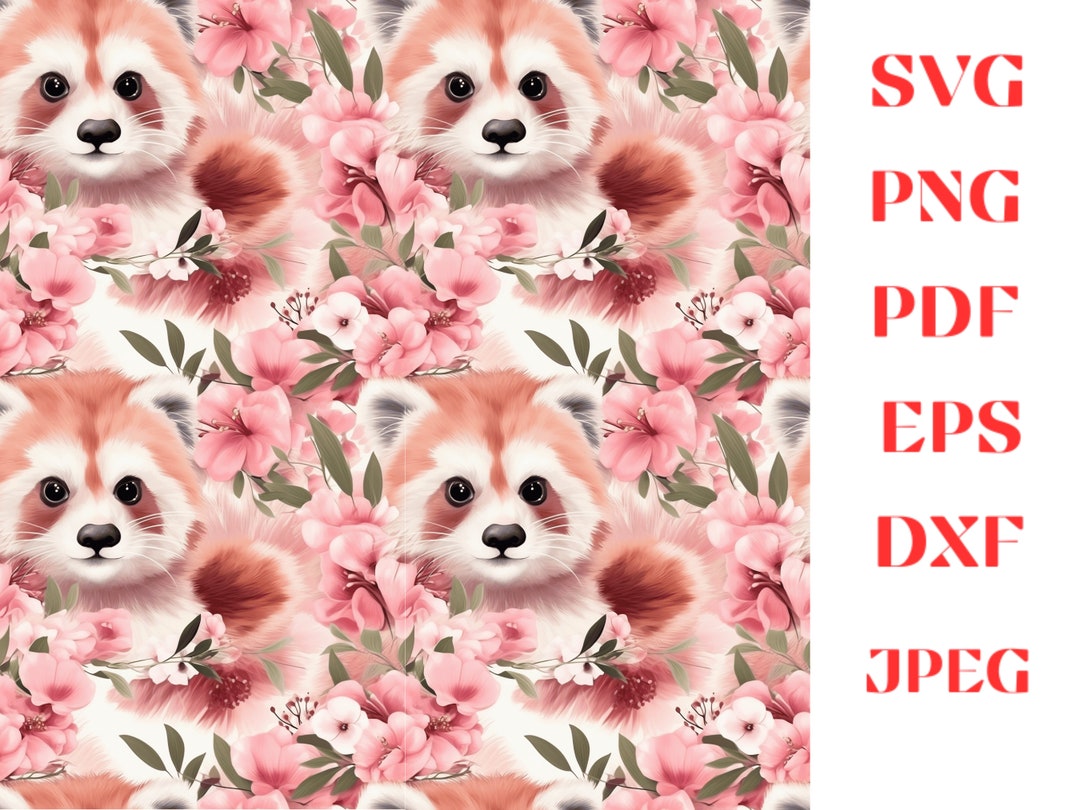 Red Panda Floral Pattern Pink Theme Digital Paper Seamless Pattern SVG ...