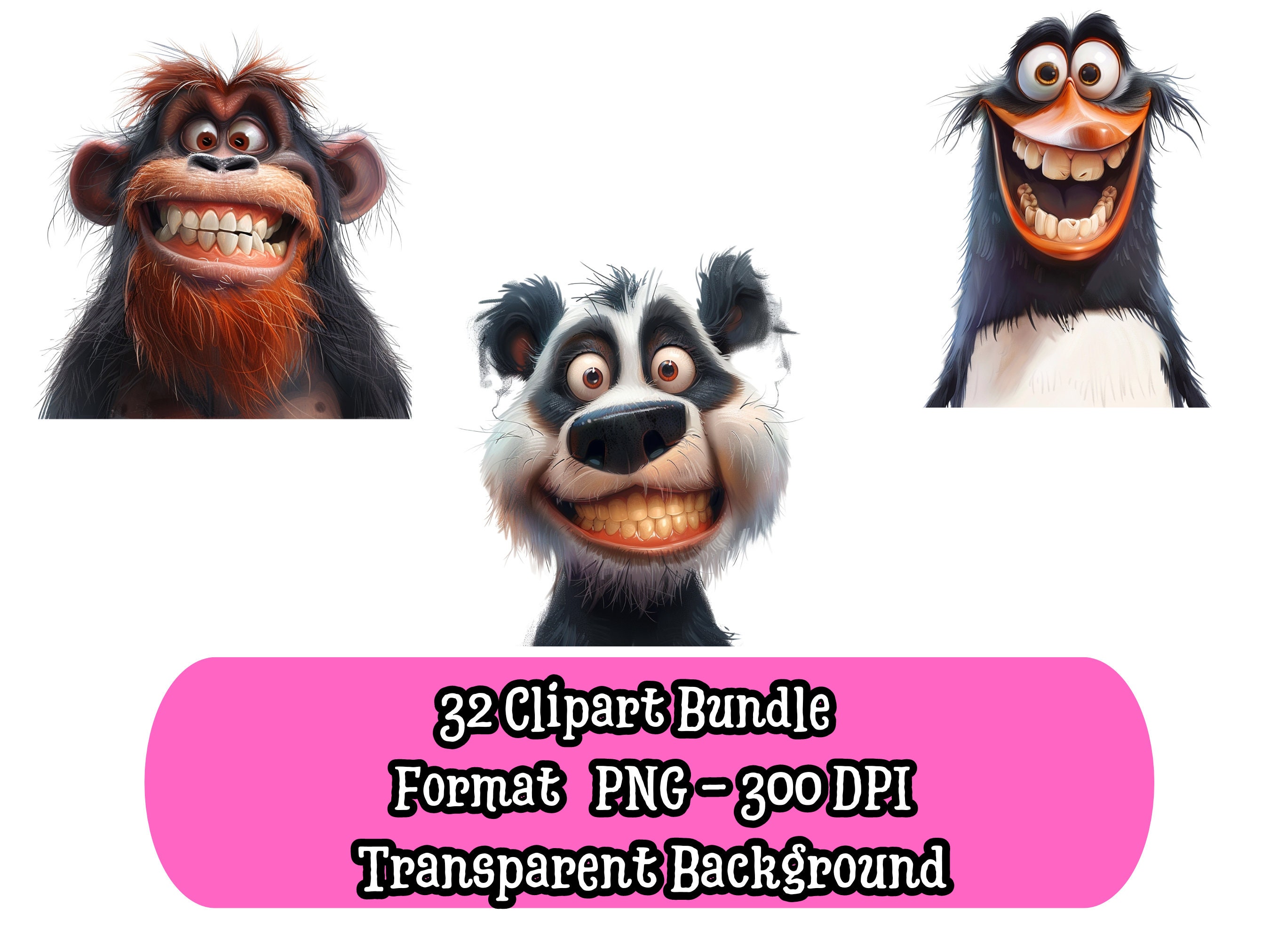Grinning Animals Clipart Bundle, Funny Animals Collection PNG - Etsy