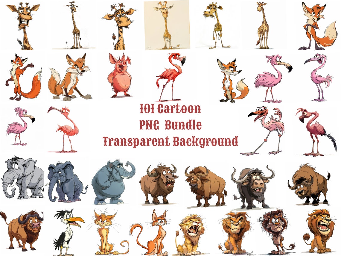 Comic Cartoon Animals and Birds Bundle. Collection of 101 Cartoon ...