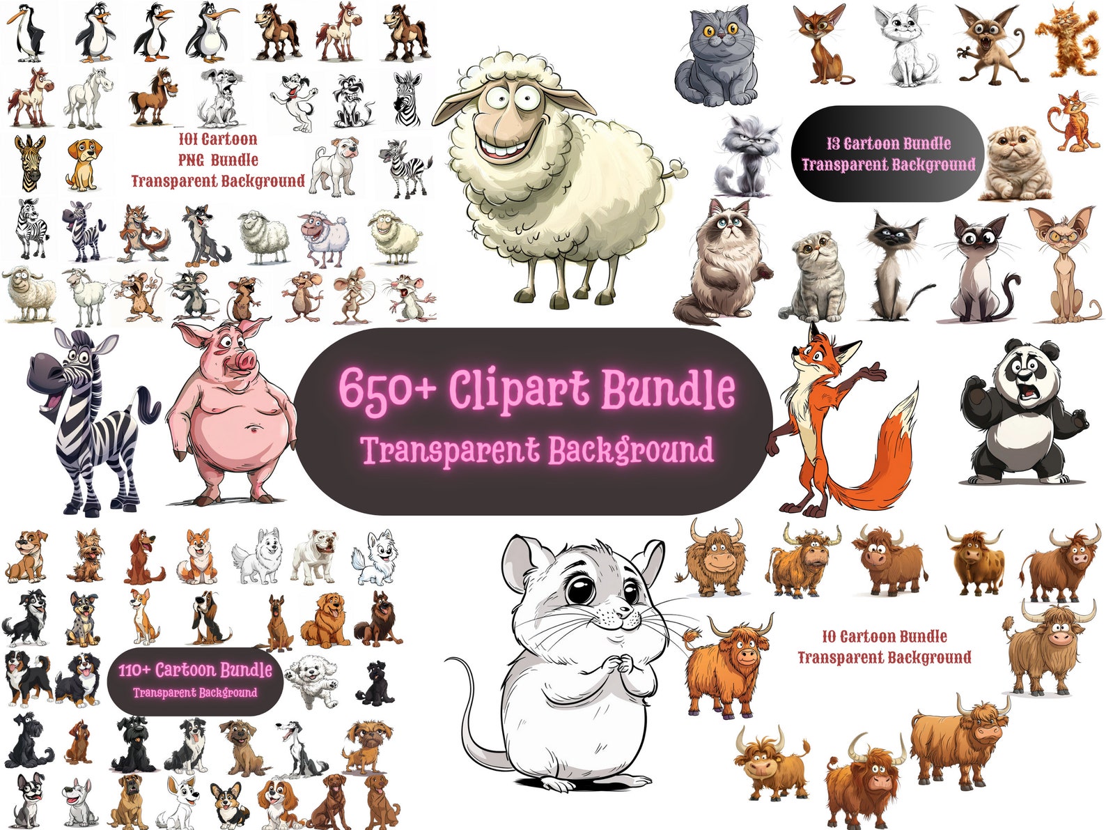 650+ Cartoon Mega Bundle Clipart PNG. Funny and Cute Cartoon Characters ...