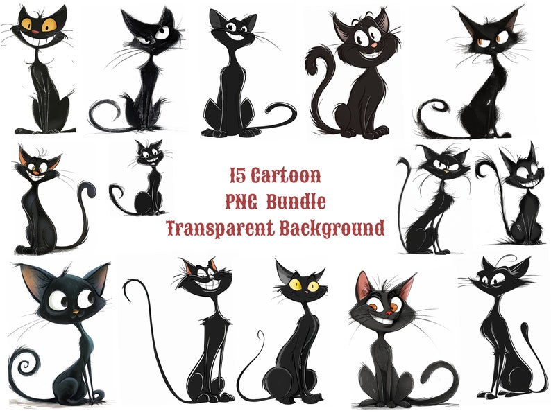 Funny Cartoon Black Cats PNG Bundle - Etsy