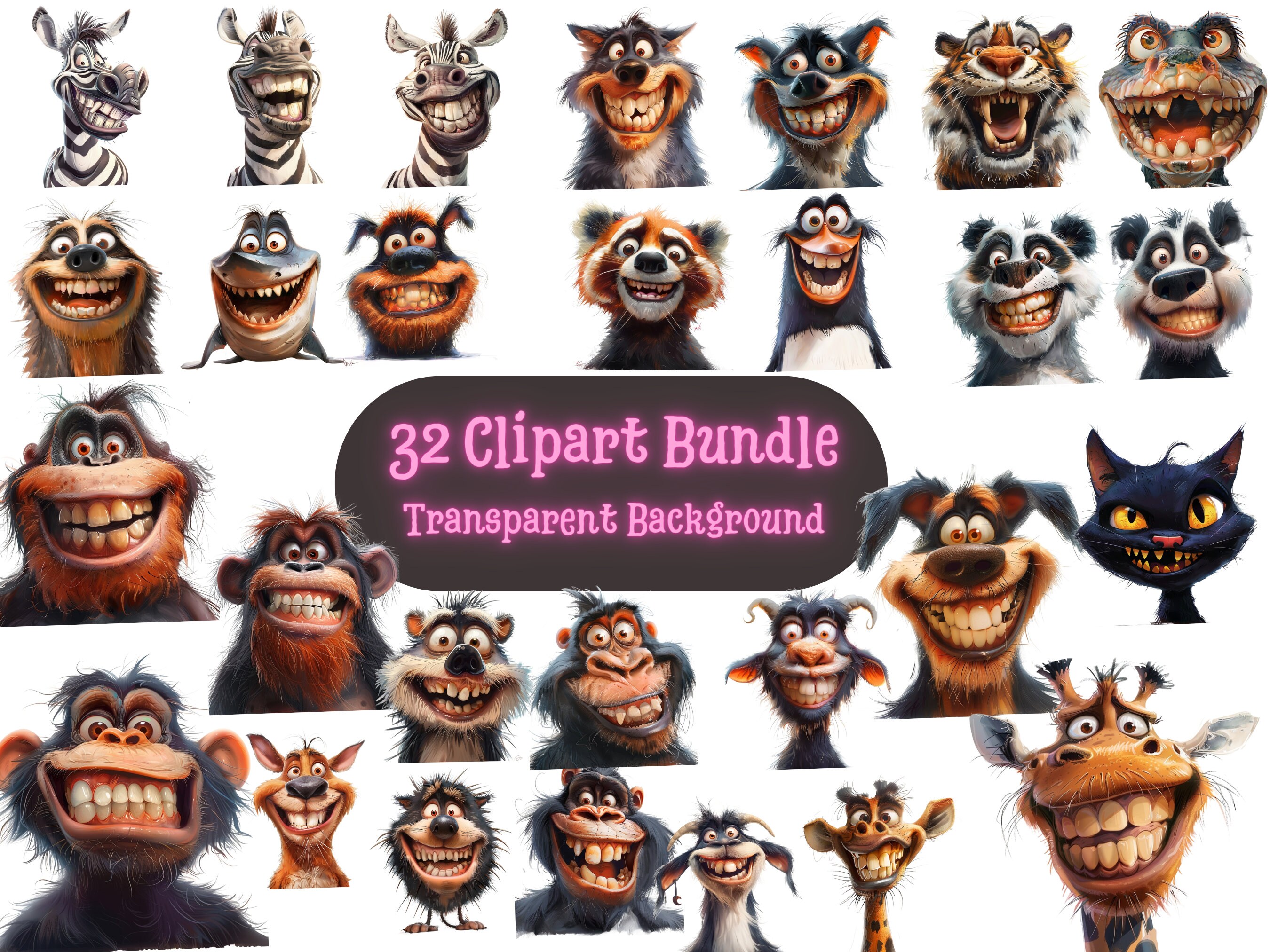 Grinning Animals Clipart Bundle, Funny Animals Collection PNG - Etsy