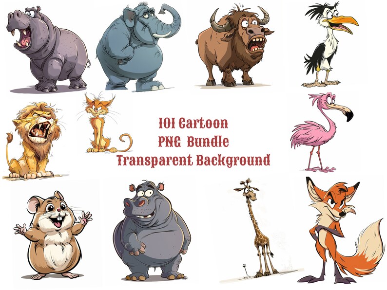 Comic Cartoon Animals and Birds Bundle. Collection of 101 Cartoon ...