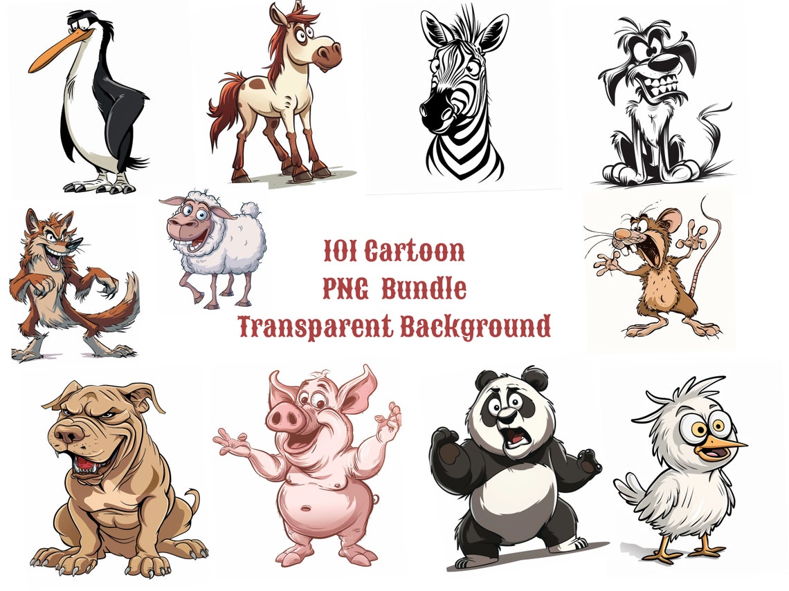 Comic Cartoon Animals and Birds Bundle. Collection of 101 Cartoon ...