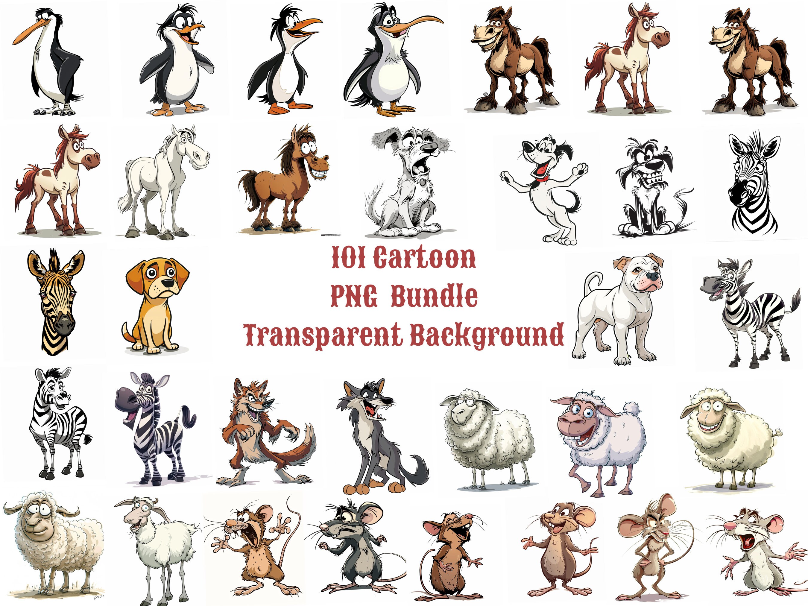Comic Cartoon Animals and Birds Bundle. Collection of 101 Cartoon ...