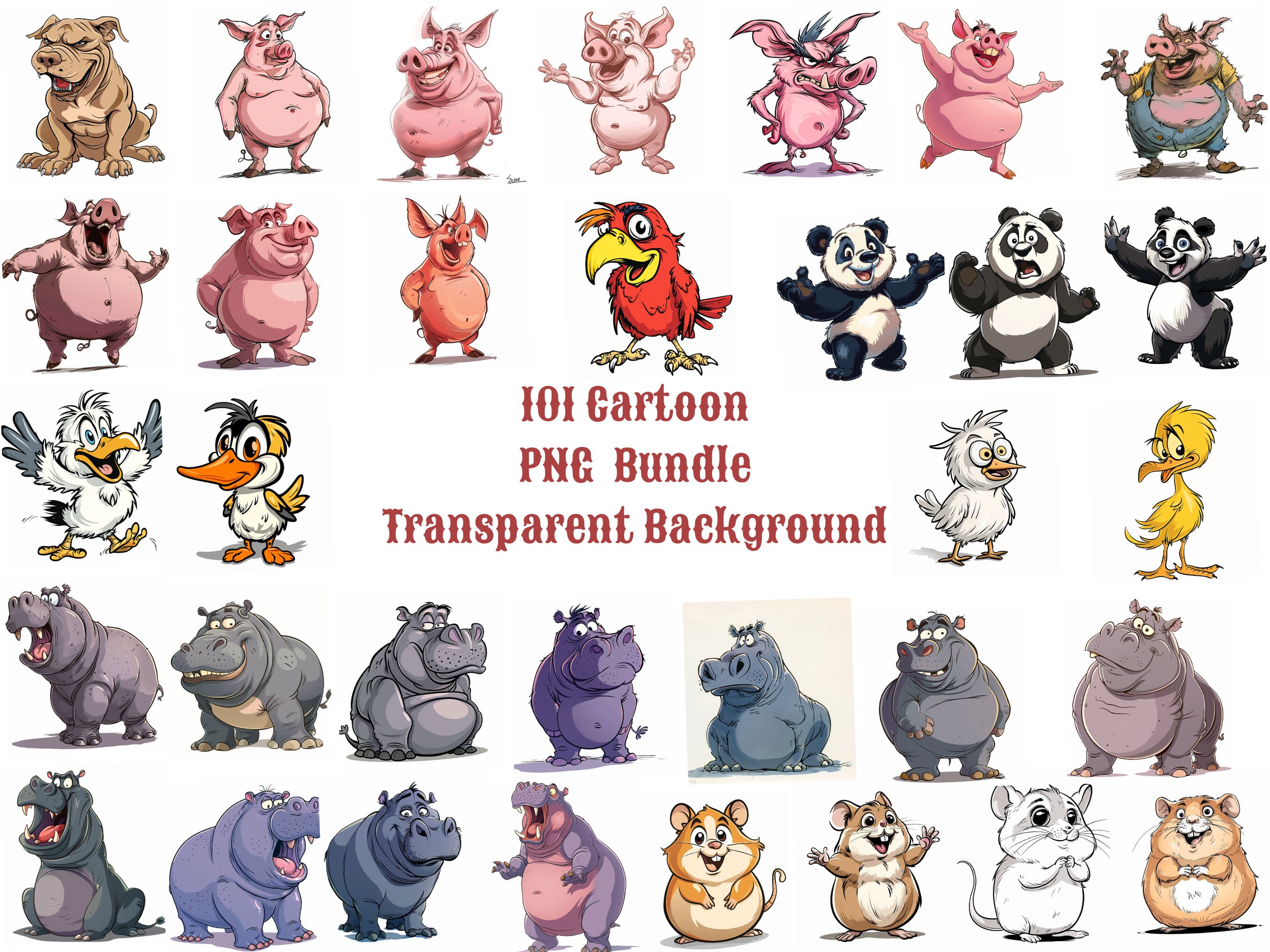 Comic Cartoon Animals and Birds Bundle. Collection of 101 Cartoon ...