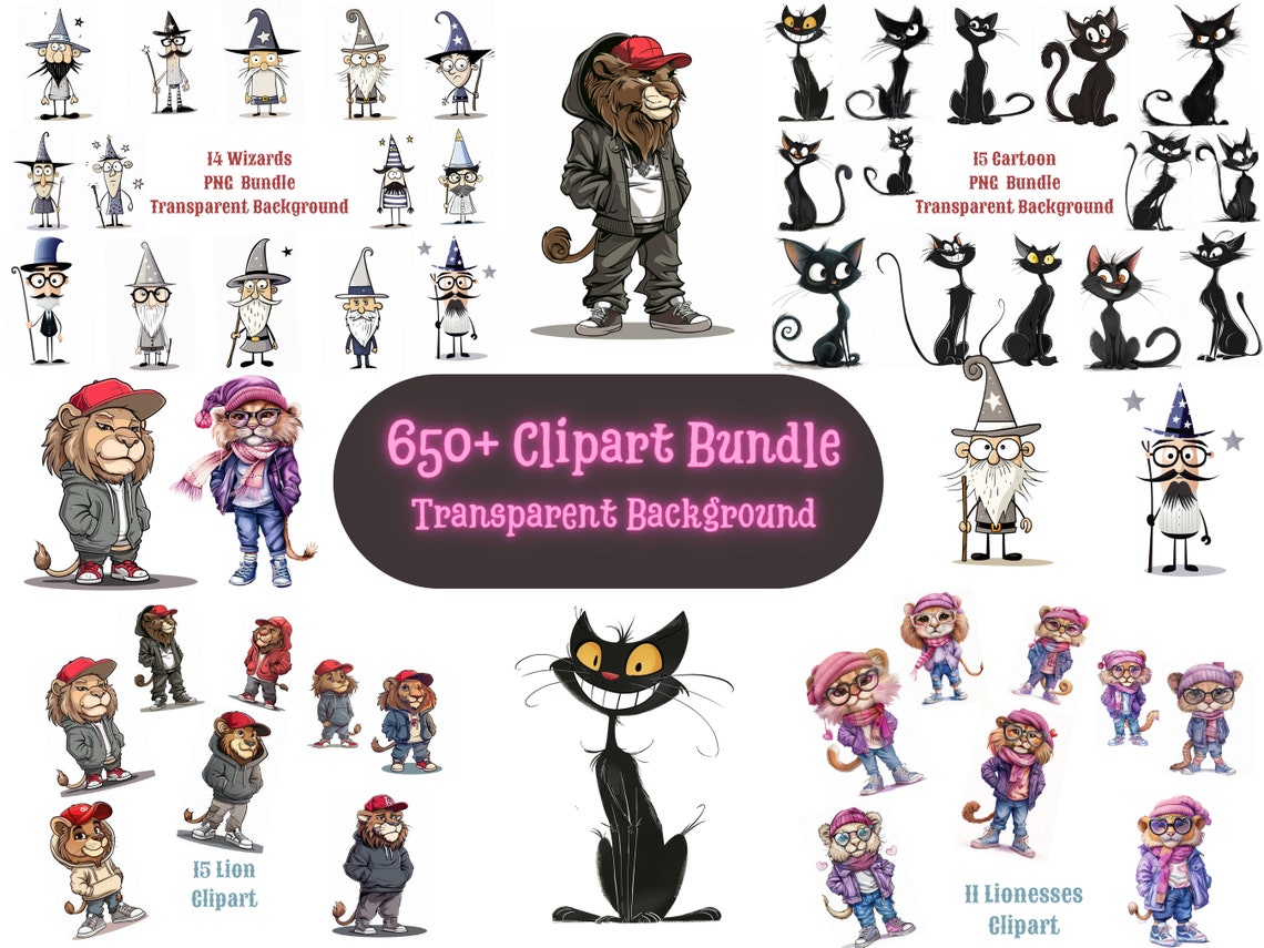 650 Cartoon Mega Bundle Clipart PNG. Funny and Cute Cartoon Characters ...
