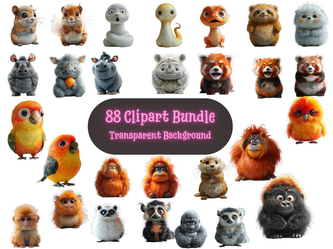 Fluffy & Fun Animals Clipart PNG Bundle, Transparent Background ...