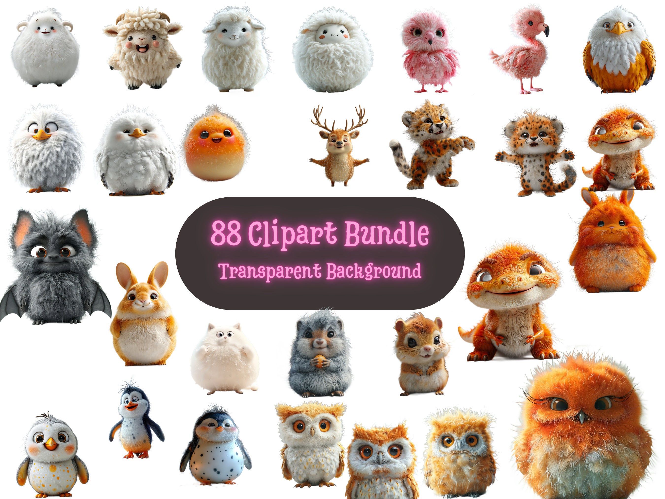 Fluffy & Fun Animals Clipart PNG Bundle, Transparent Background ...