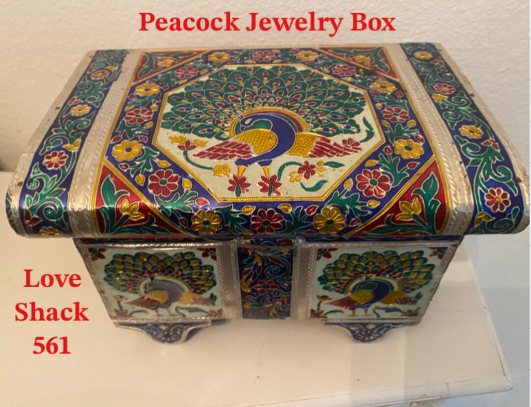 Peacock Jewelry Box Boho Stash Box Hammered Relief Peacock Sea Chest - Etsy