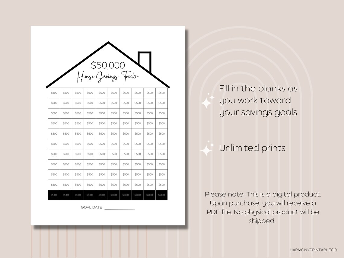 50K House Savings Tracker Template Printable | Down Payment Savings ...