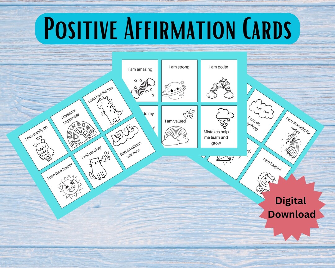 Positive Affirmations Coloring Cards for Kids, Printable Pages, Digital ...