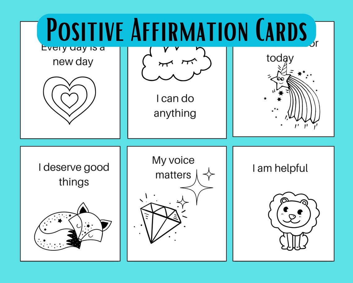 Positive Affirmations Coloring Cards for Kids, Printable Pages, Digital ...