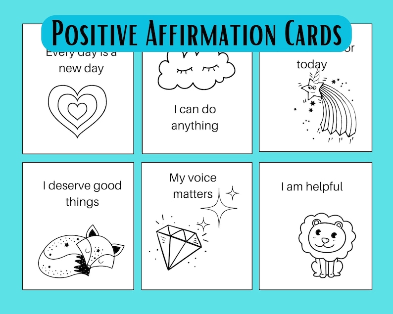Positive Affirmations Coloring Cards for Kids, Printable Pages, Digital ...