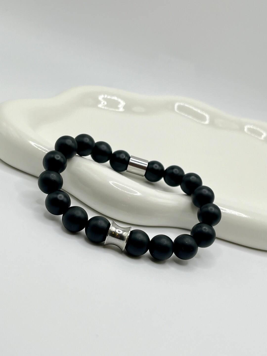 Men's Matte Black Onyx Bracelet | Stainless Steel Spacers - Etsy
