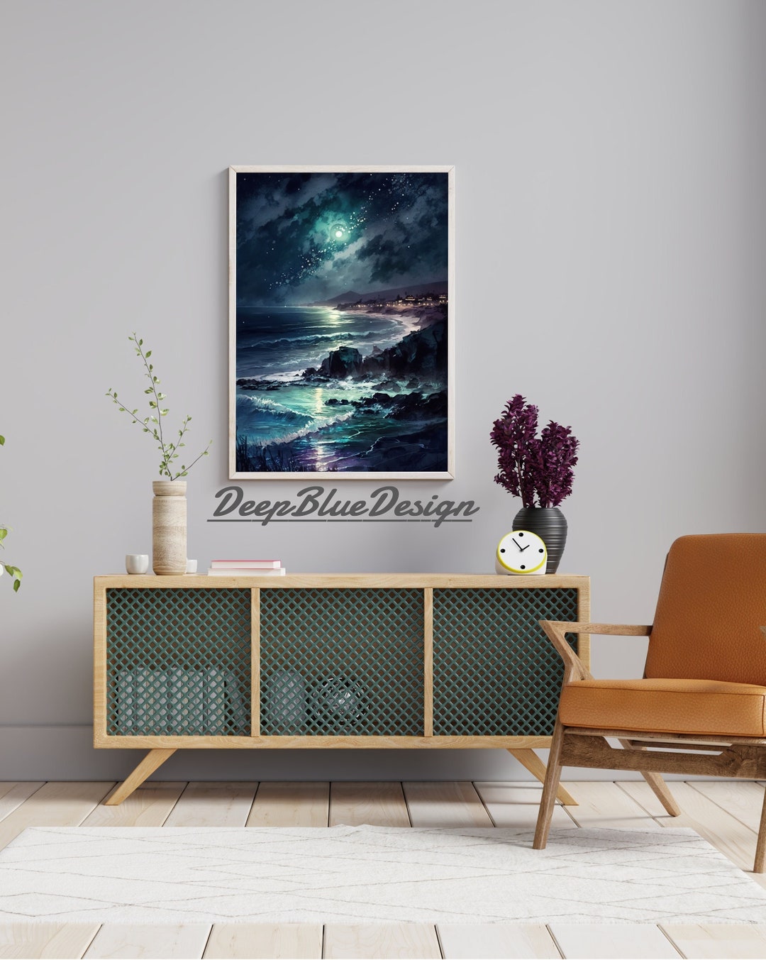 Night Shoreline Printable Wall Art, Full Moon Ocean Digital Print ...