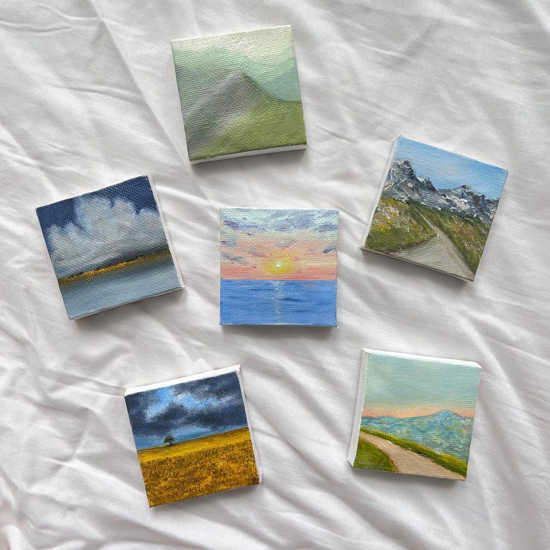 Set of 6 Miniature Acrylic Landscape Paintings on Canvas, Original ...