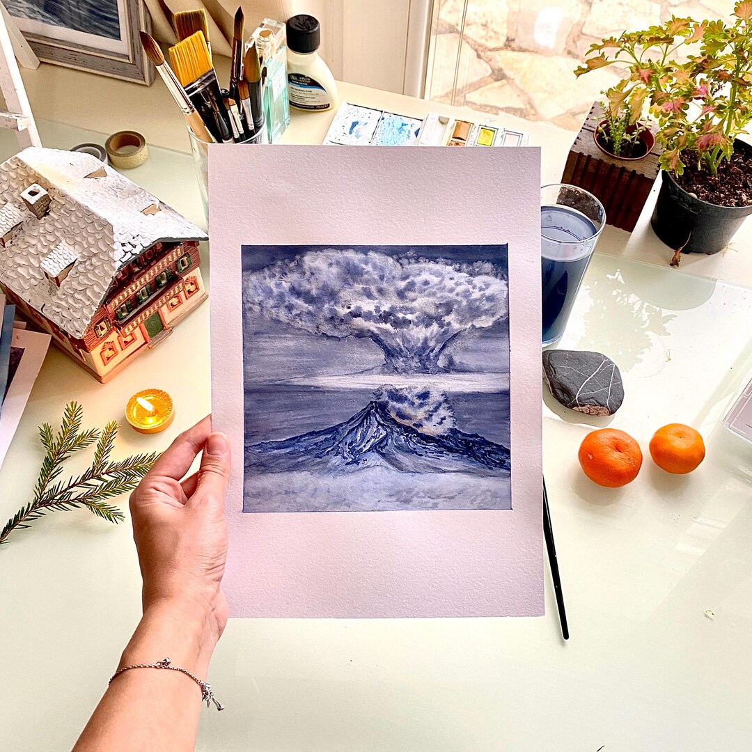 Lascar Volcano Eruption Painting, Chile, Dark Blue Sky Painting ...