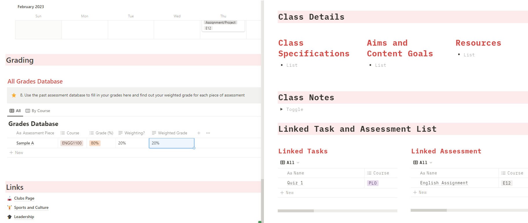 Notion Class, Content and Assessment Tracker for College/school/uni ...